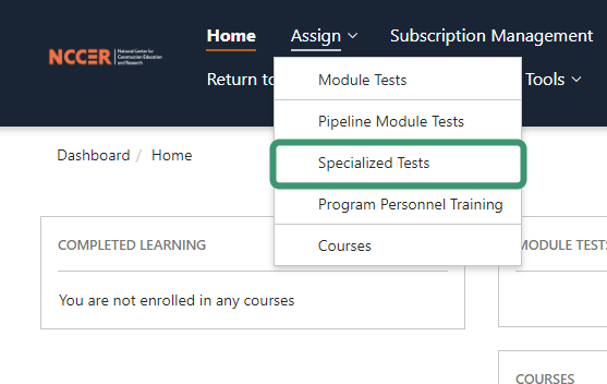 How to assign a test in the NCCER Learning Platform